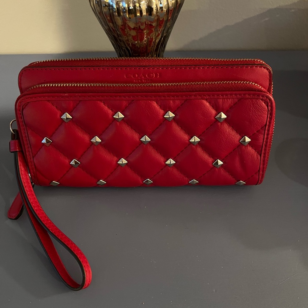 Coach Red Studded Quilted Double Zip Wristlet - Gem